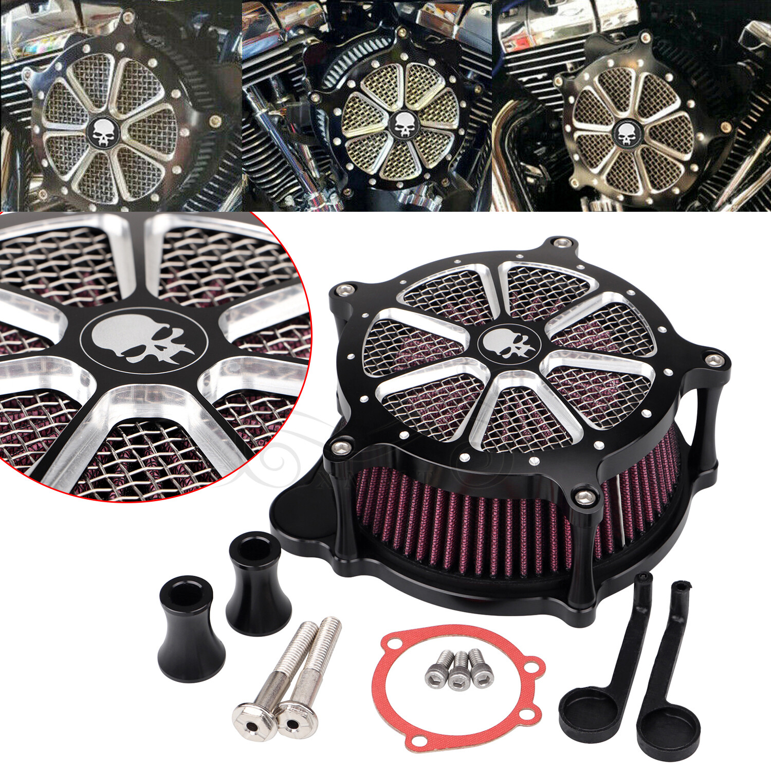 Skull CNC Air Cleaner Red Intake Filter For Harley Dyna Electra Glide ...