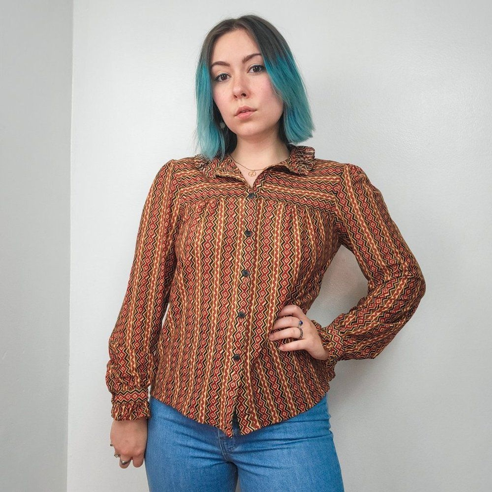 Vintage 70s Bold Zig Zag Print Ruffled High Neck Blou… - Gem