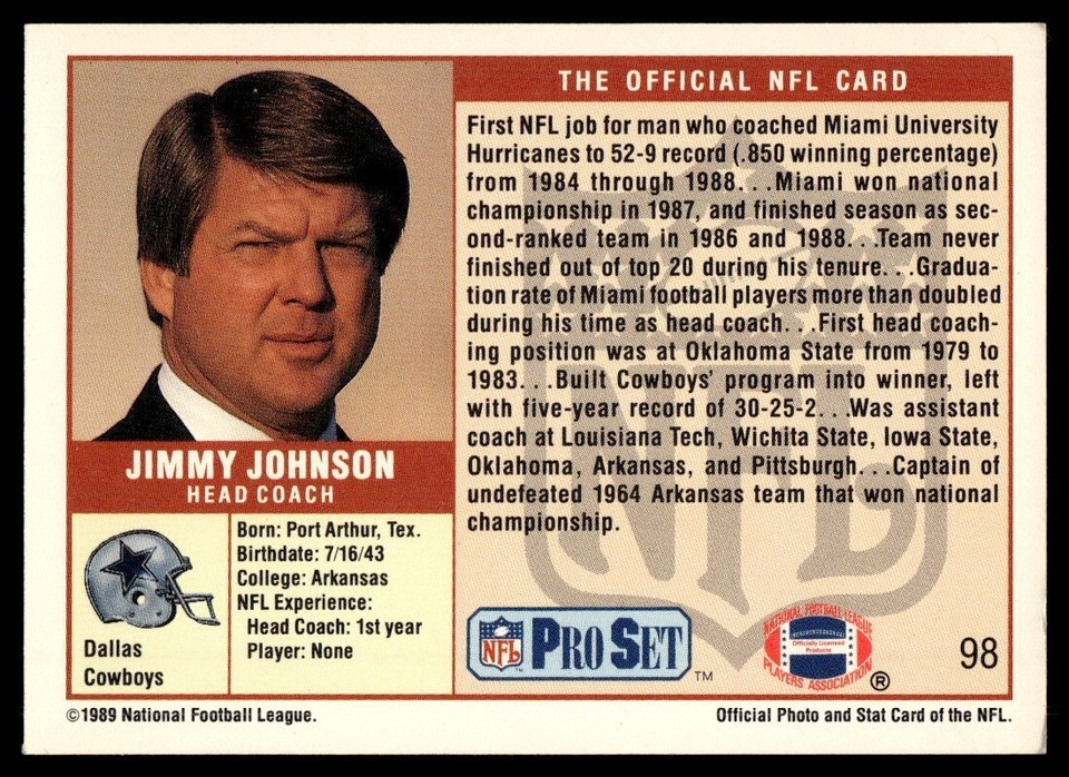 1989 Pro Set Jimmy Johnson Rookie Dallas Cowboys #98 | eBay
