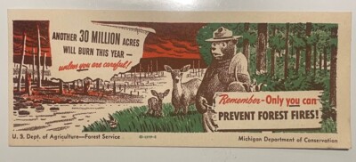 Old 1949 Smokey the Bear Bookmark Ruler Forest Fire Prevention USFS ...