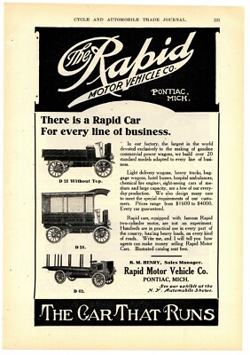 1908 Rapid Motor Vehicles Ad: Light Truck -The Car That Runs - Pontiac ...