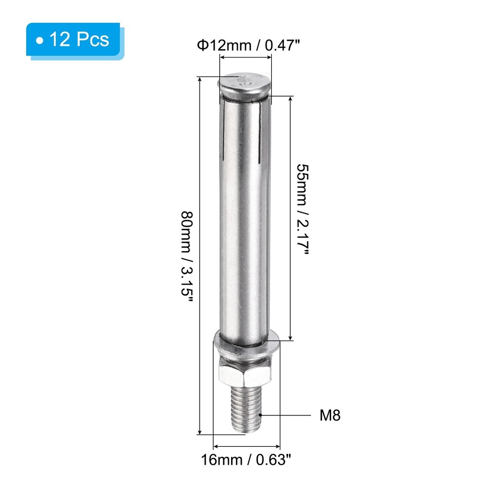 12Pcs M8 x 80mm Expansion Screw Bolts Sleeve Anchoring for Concrete ...