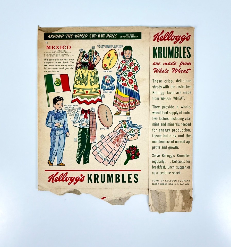 Vintage 1940s Kellogg's Krumbles Cereal Box Mexico Cut-out Dolls ...