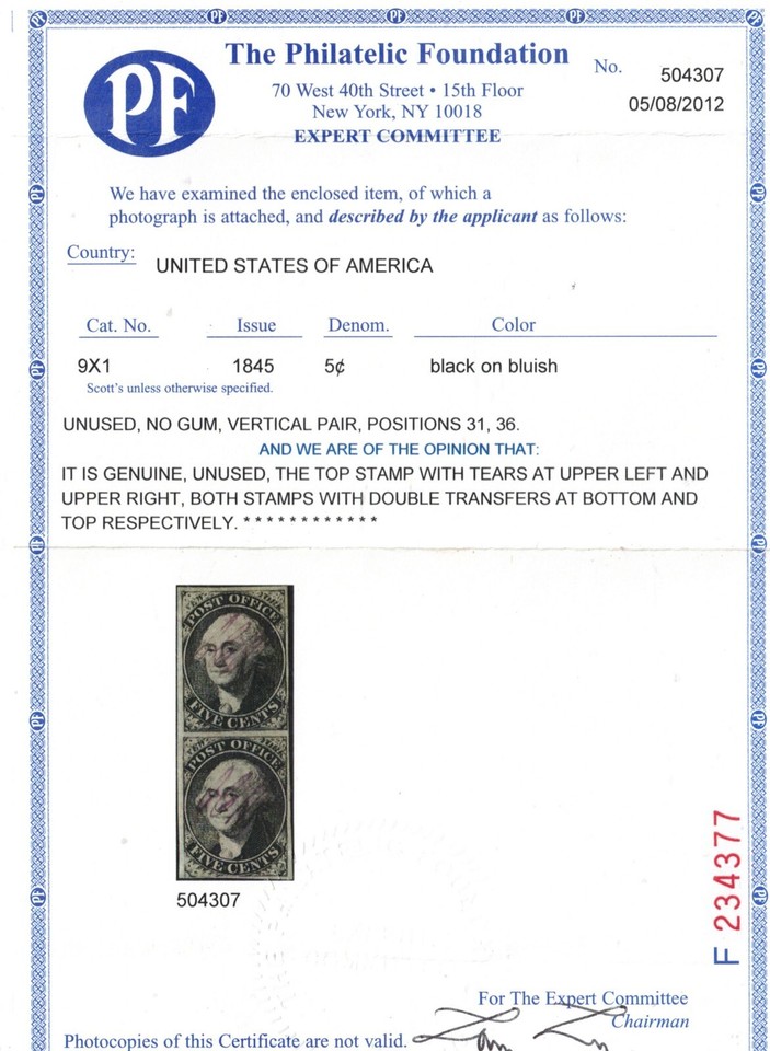 USA #9X1 Very Fine Mint Unused (No Gum) Pair Positions 31 / 36 **With ...