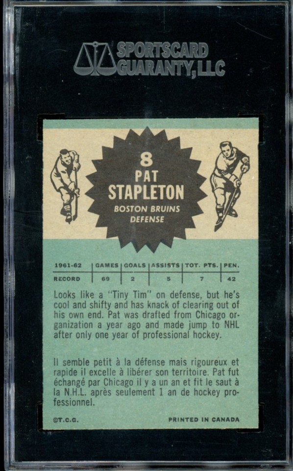 1962-63 TOPPS HOCKEY NHL #8 Pat Stapleton SGC 7 NM Boston Bruins ...