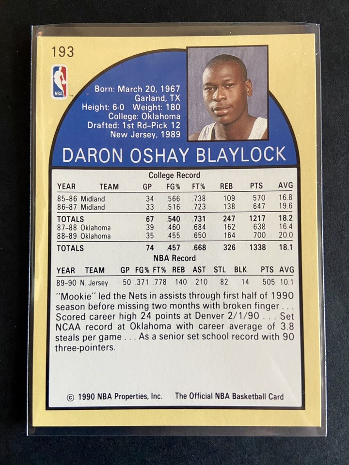 1990-91 NBA Hoops Basketball Mookie Blaylock Rookie #193 New Jersey ...