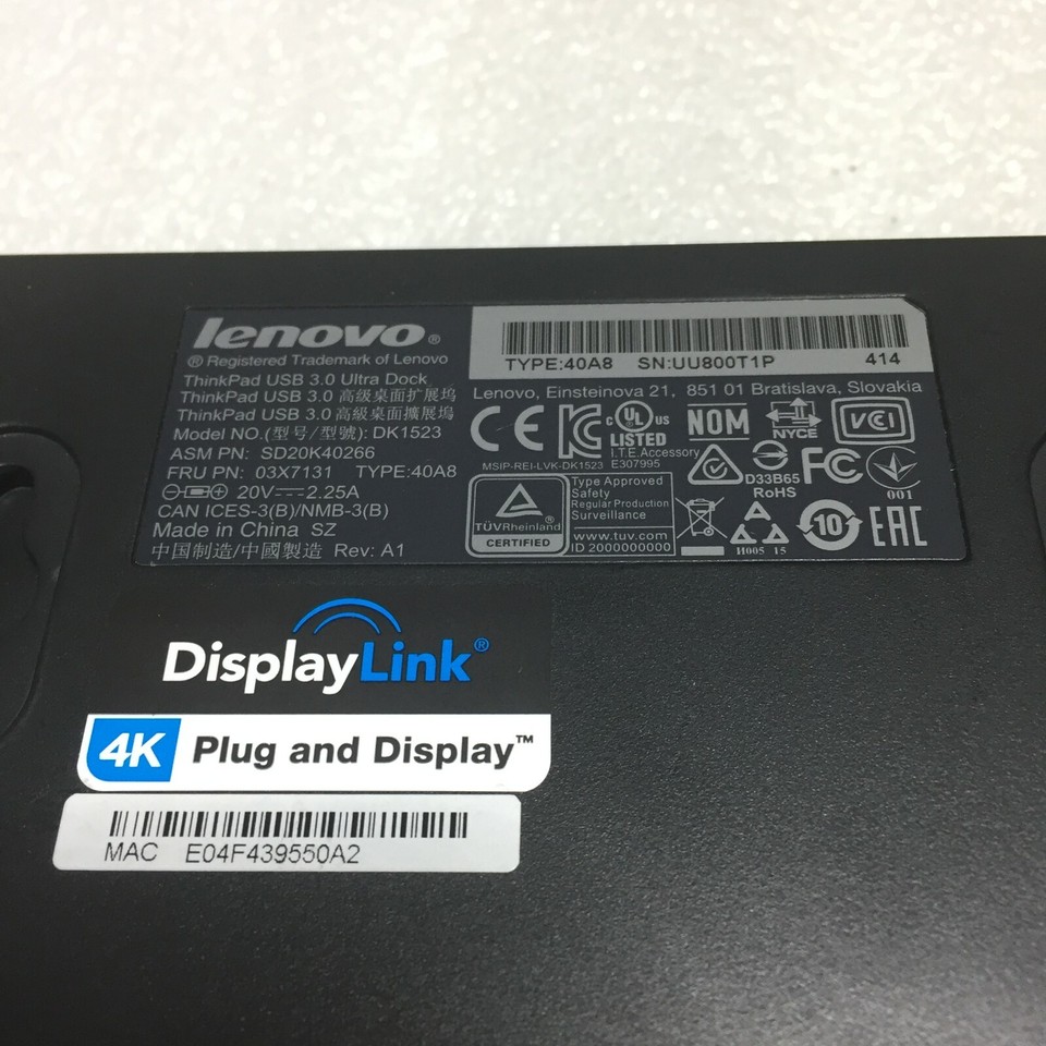Lenovo ThinkPad USB 3 Ultra Dock Universal Dock 03X7131 40A8 DK1523 4K ...