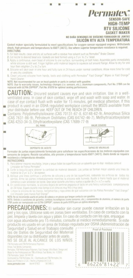 Permatex 81422 Sensor-Safe High-Temp RTV Silicone Gasket Maker, 3 oz ...