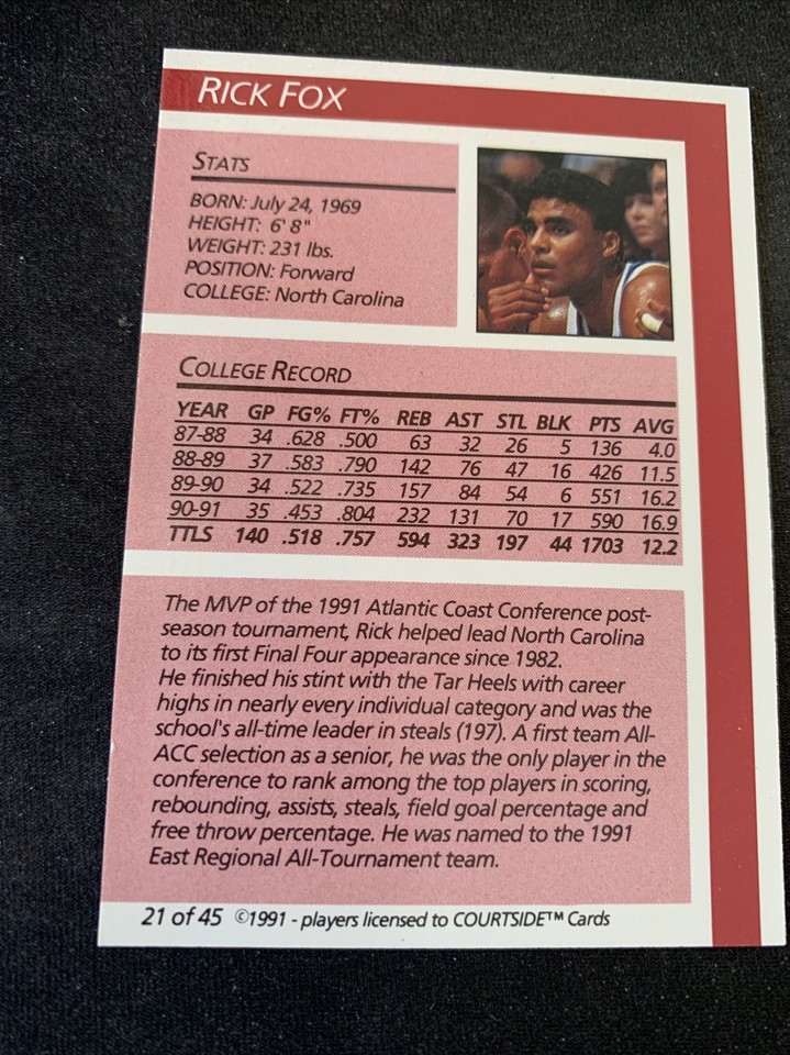 1991 Courtside Draft Pix #21 Rick Fox Rookie RC Boston Celtics North ...
