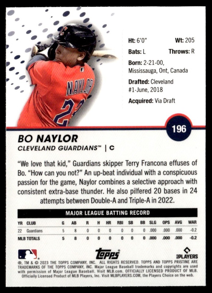 2023 TOPPS PRISTINE BO NAYLOR RC CLEVELAND GUARDIANS #196 | eBay