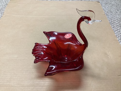Murano Glass Swan Bowl, Large, Red/ Clear , 8 Wide, 9 Tall, Org Sticker ...