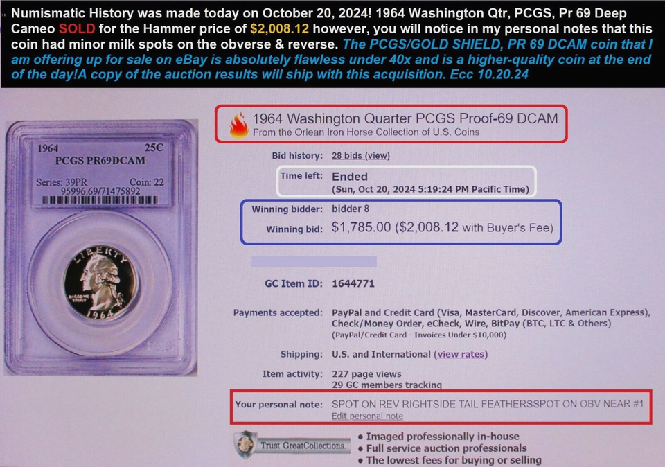1964 QUARTER PR69 UC TOP POP 103/0 ONLY 1 LABEL SIGNED BY DAVID MOTL ...