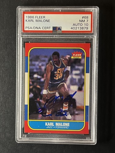 KARL MALONE SIGNED 1986 FLEER #68 ROOKIE CARD PSA 7 RC HOF PSA/DNA AUTO ...