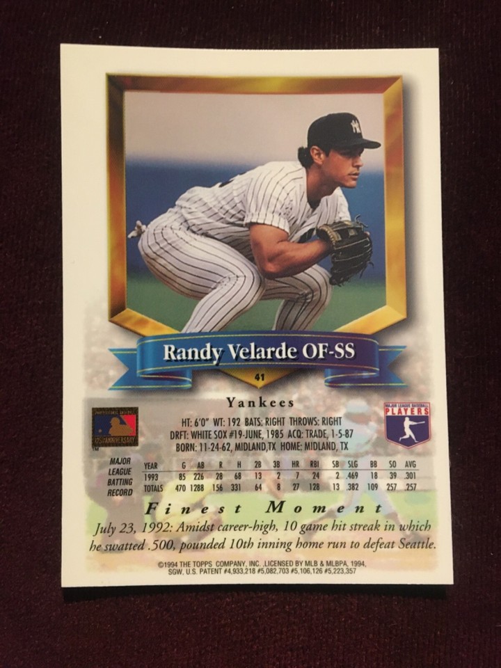 1994 Topps Finest #41 Yankees Randy Velarde Baseball Card | eBay