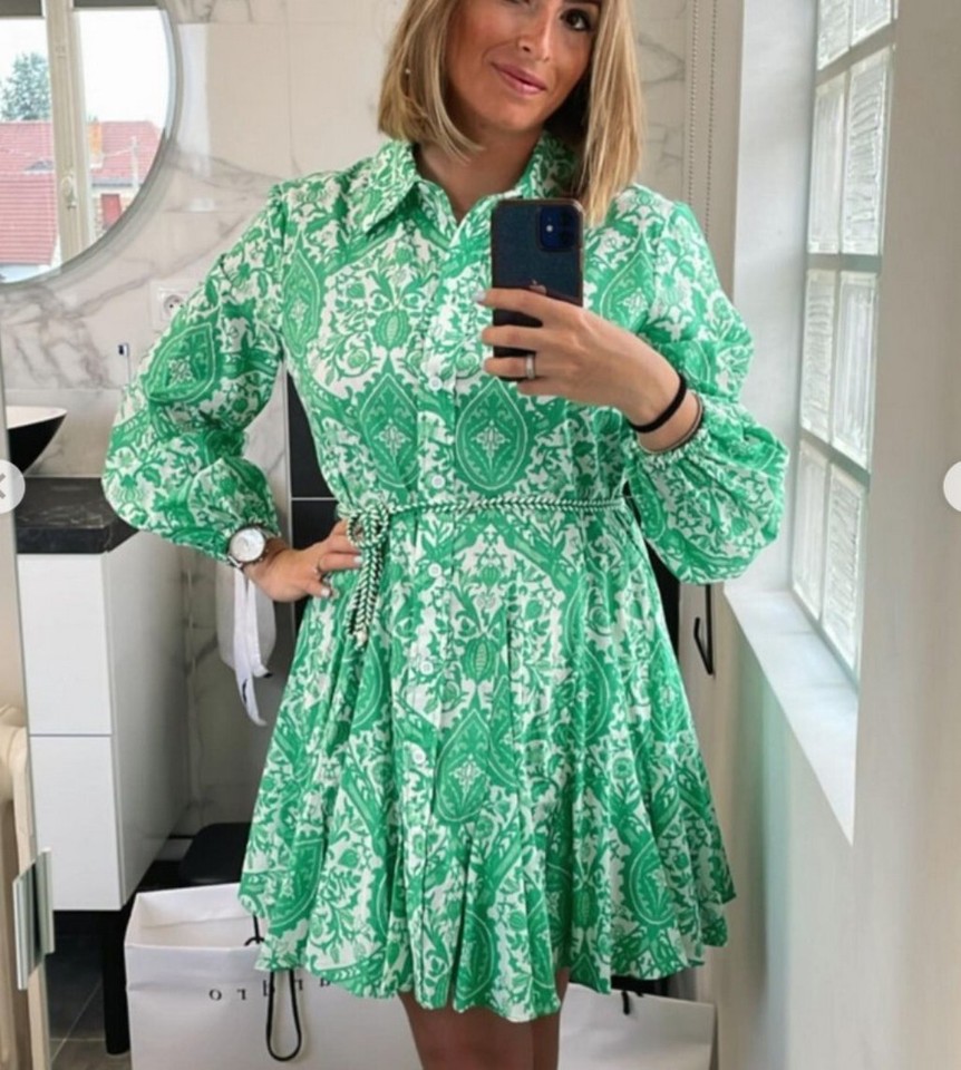 ZARA GREEN PAISLEY FLORAL PRINT MINI SHIRT DRESS VOLUMINOUS SKATER ...
