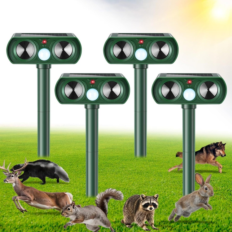 4 PK Animal Repeller Ultrasonic Solar Power Outdoor Pest Cat Mice Deer ...