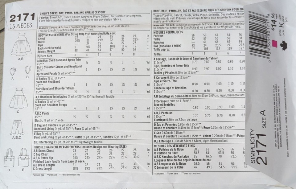 Simplicity 2171 Girl Pattern Dress Pantaloons Size A 3 4 5 6 7 8 Uncut ...