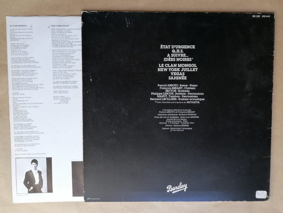 BERNARD LAVILLIERS : Etat d'Urgence LP 33T INNERS Lyrics BARCLAY 200445 ...