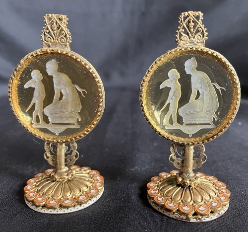 Austria Enameled Place Card Holders, Amber Intaglio Scene Of Woman ...