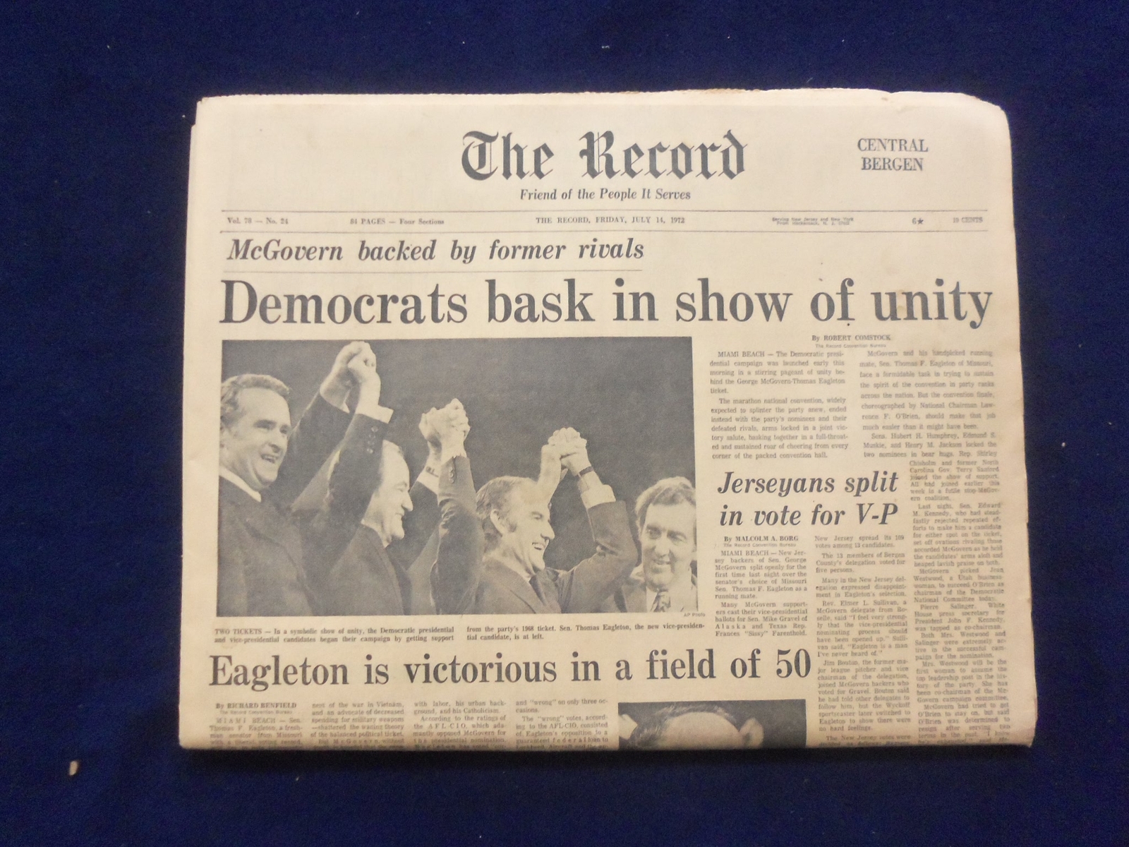 1972 JULY 14 THE BERGEN RECORD NEWSPAPER - MCGOVERN IS DEMS CANDIDATE ...
