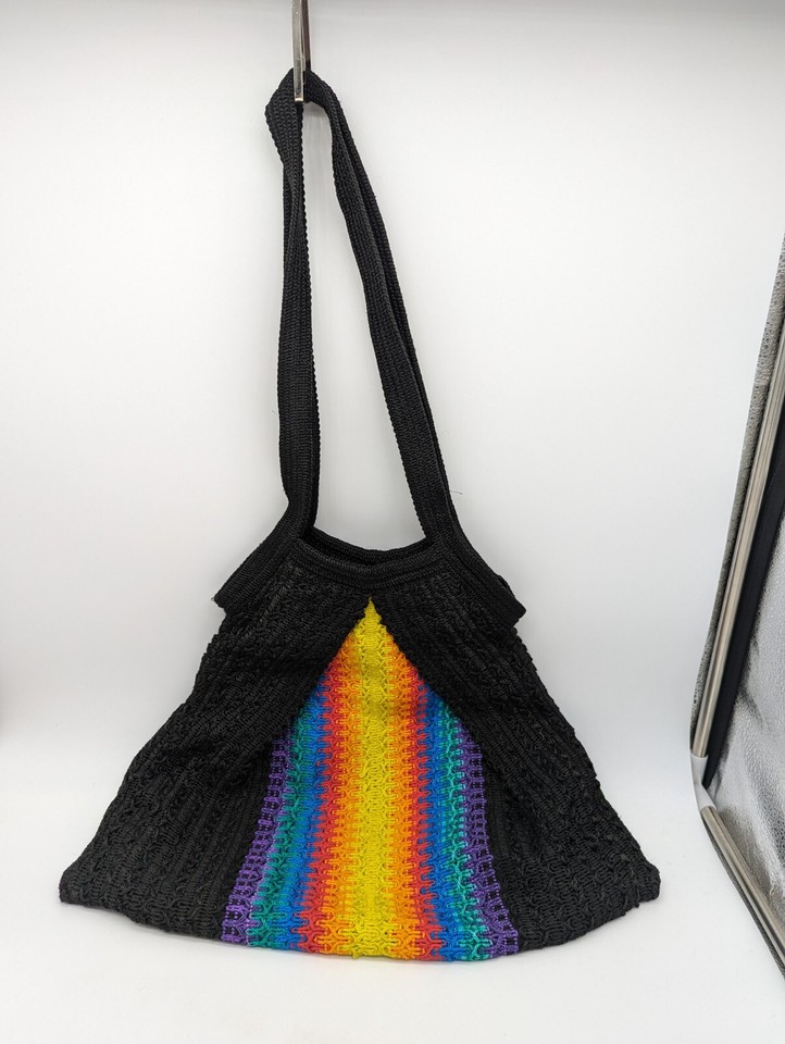 Boho Rainbow Black Knit Crochet Bag Sac Satchel Purse Hippie 70's Long ...