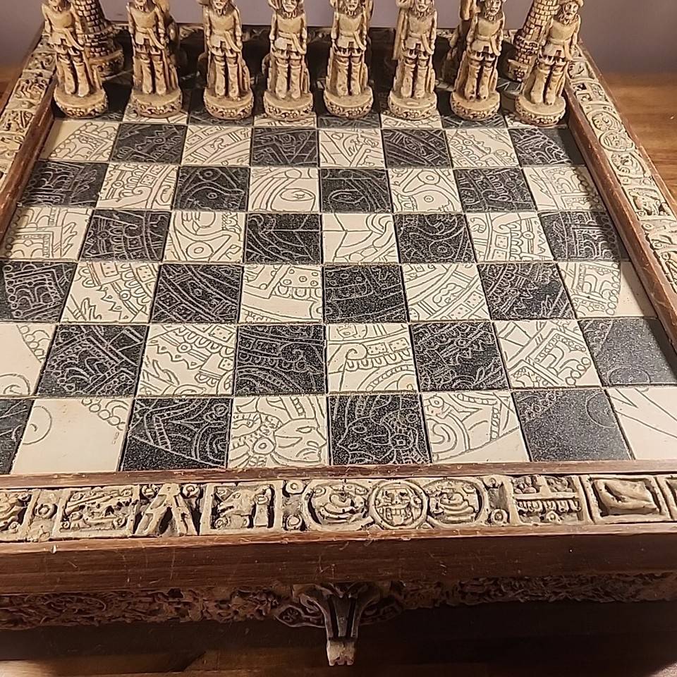 Antique Aztec Mayan Style Stone Resin Chess Set Storage Drawers 4 ...