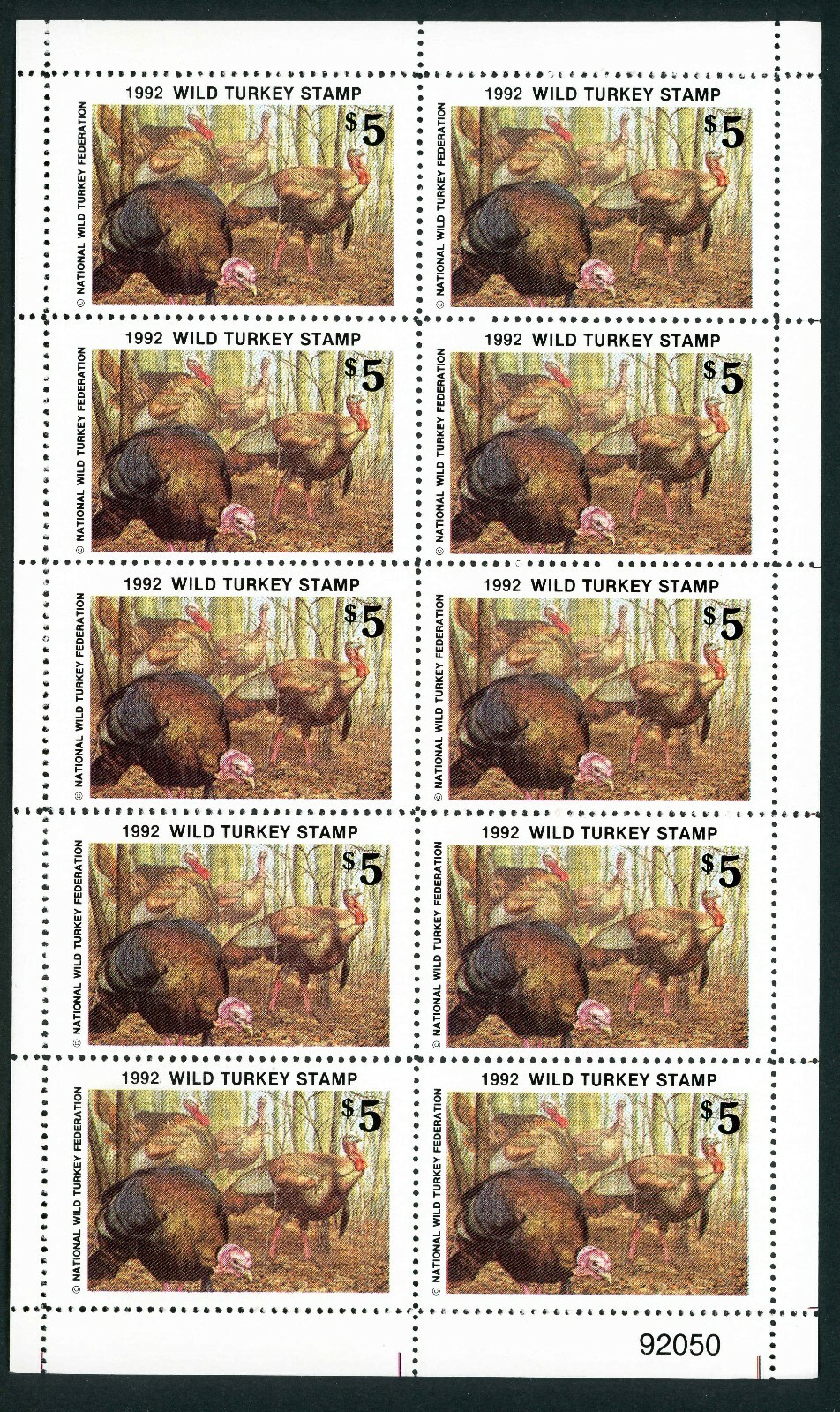 NATIONAL WILD TURKEY FEDERATION STAMP 1992 FULL SHEET OF 10 .Reg $35 ...