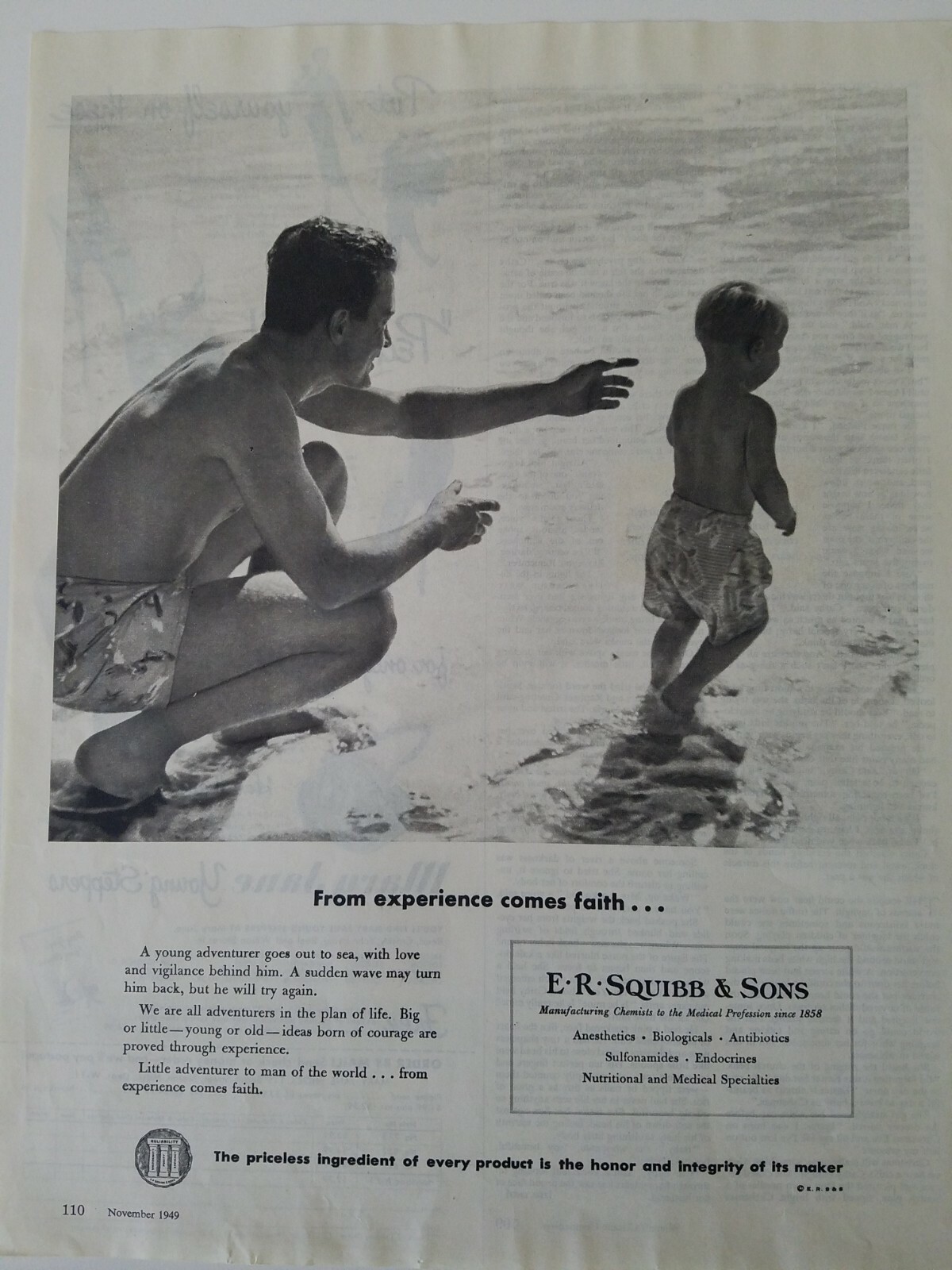 1949 ER Squibb and Sons man little boy swim trunks ocean water faith ...