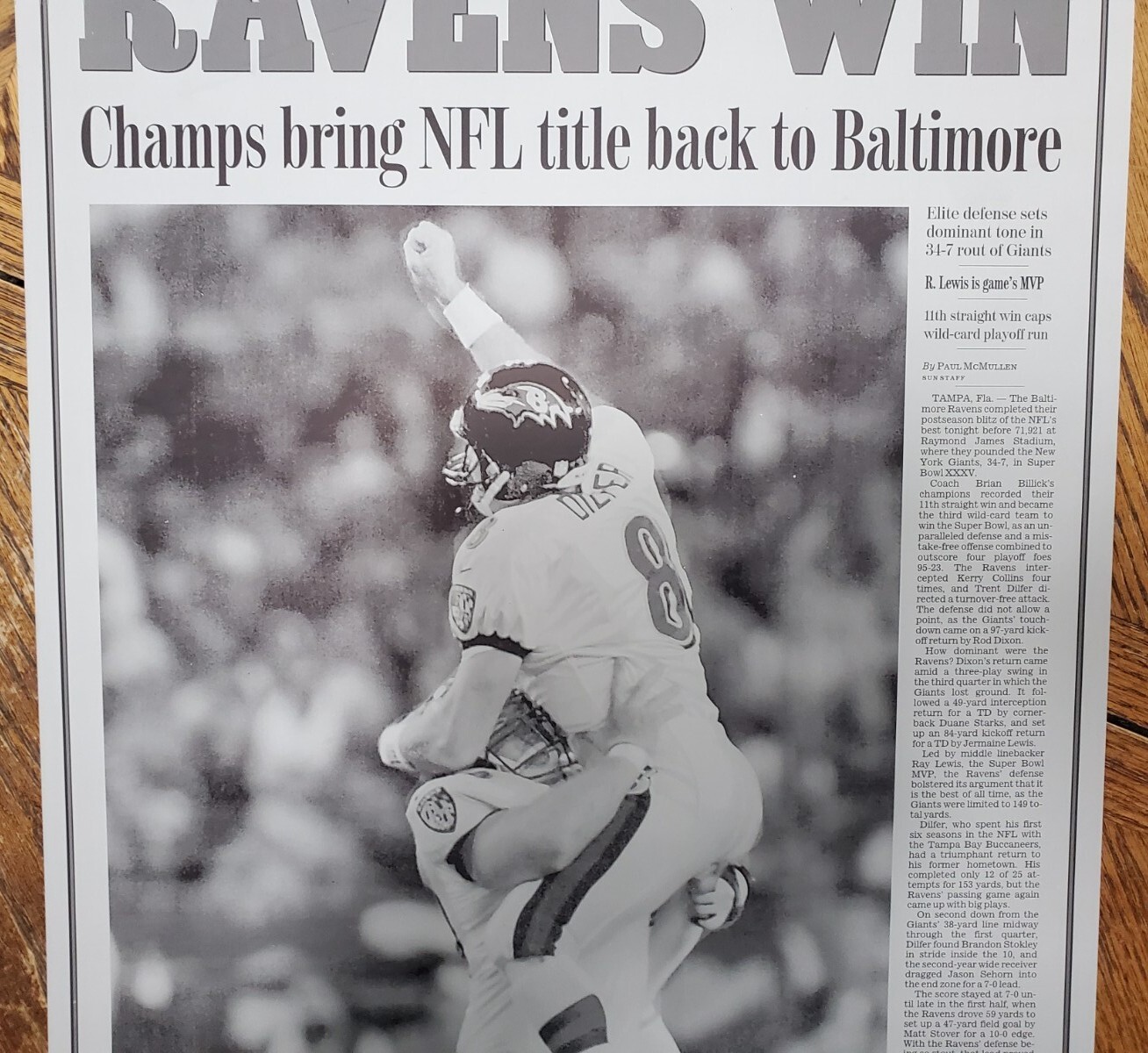 2001 Baltimore Ravens Super Bowl ORIGINAL Newspaper Printing Plate SUN ...