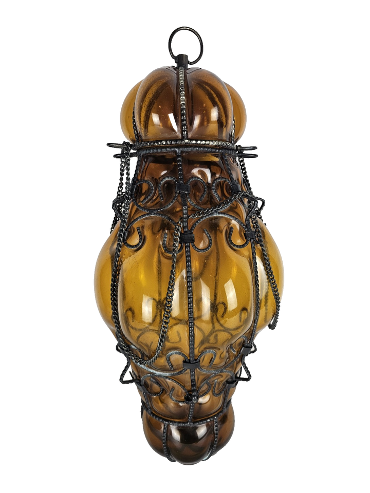 Vintage Italian Murano Seguso Amber Glass Hanging Lantern Wrought Iron ...