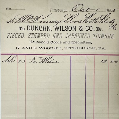 1885 Receipt Letterhead Bill Duncan Wilson & Company Tinware Pittsburg ...
