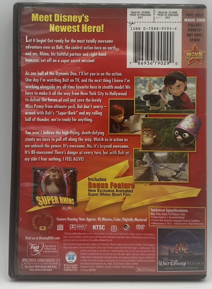 Bolt DVD 2009 Widescreen Disney Animated Miley Cyrus John Travolta 2009 ...