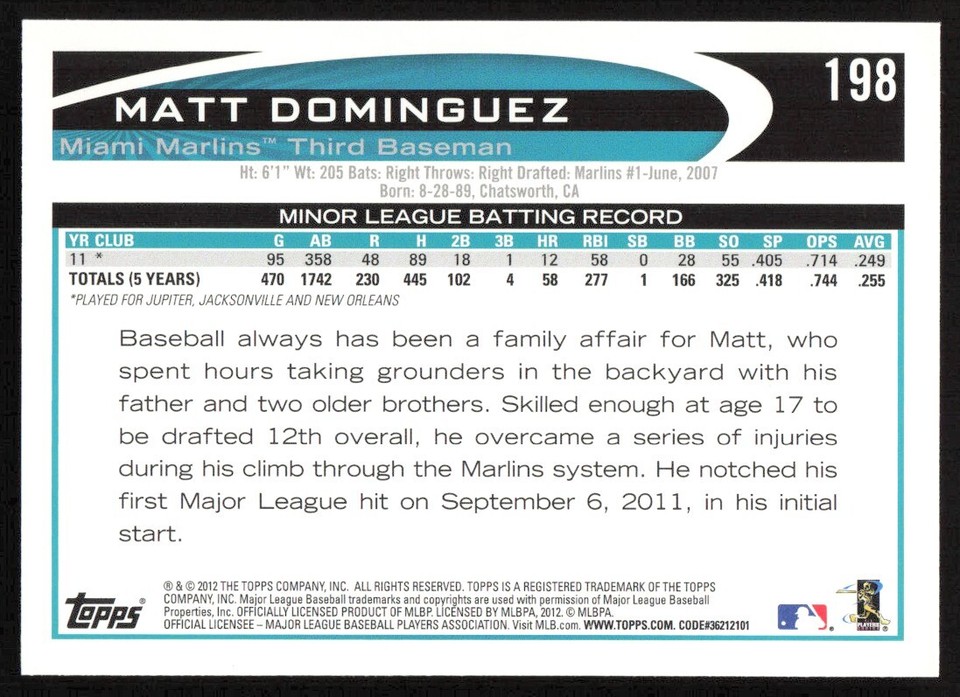 2012 Topps Matt Dominguez RC #198 Miami Marlins | eBay