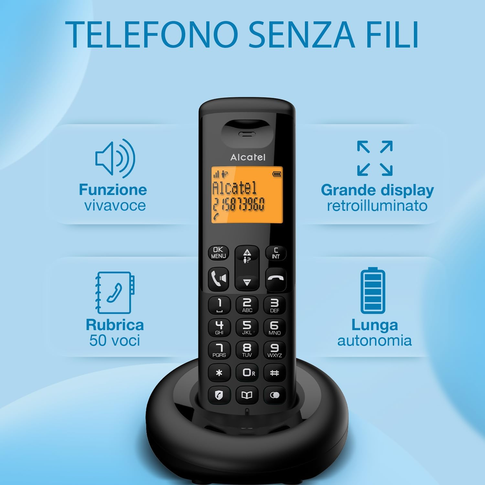E260 - Telefono Fisso Cordless DECT - Design Compatto - Grande Display ...