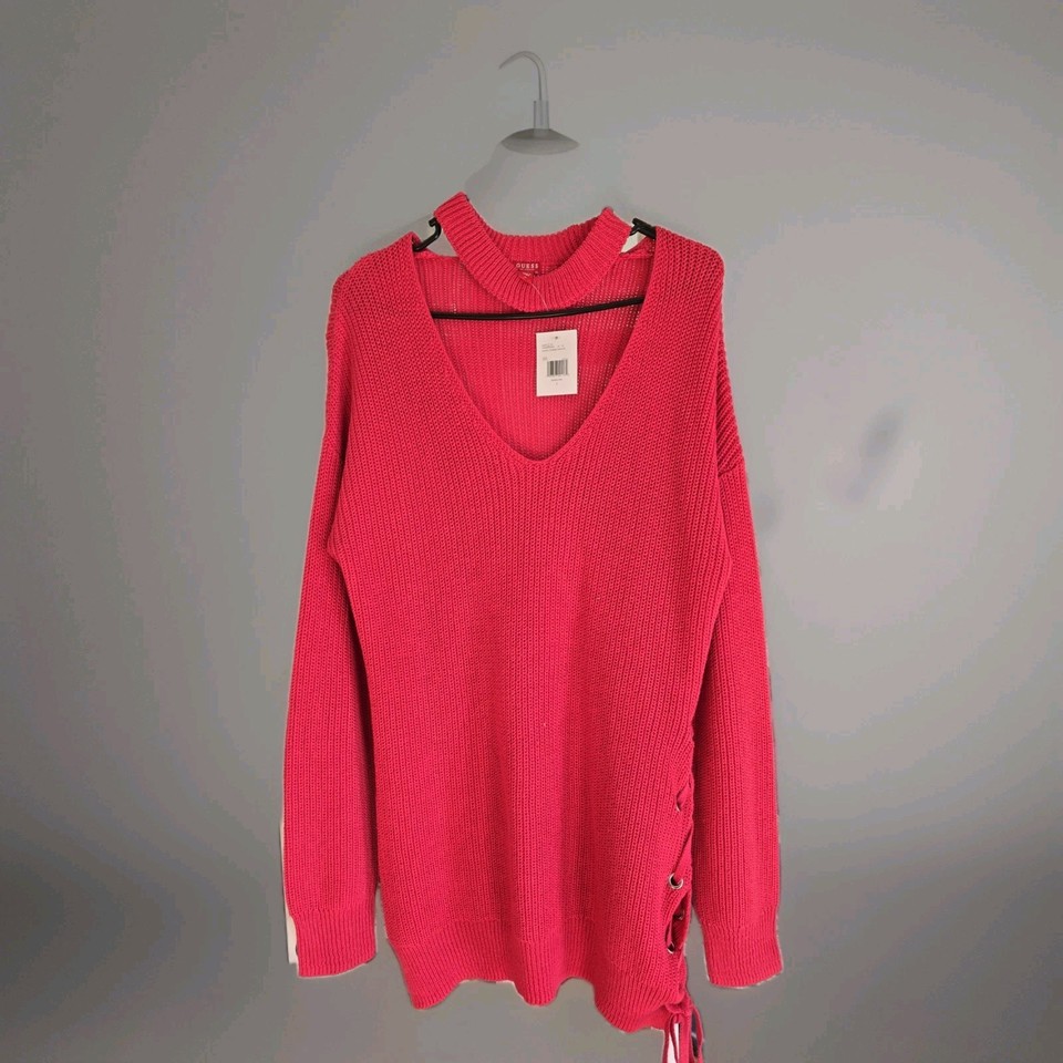 NWT GUESS Alexya Chocker Sweater Popping PINK Size Large | eBay UK