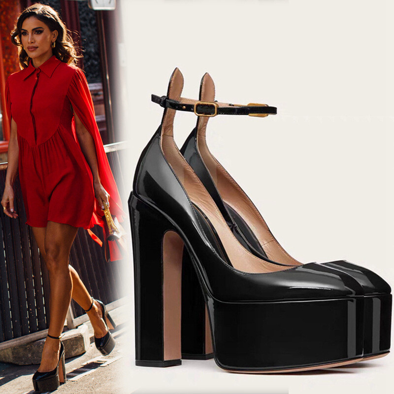 Womens Super High Platform Block Heels Faux Leather Round Toe Round Toe ...