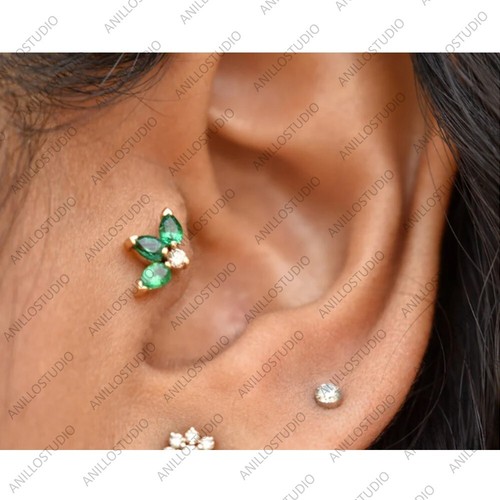 Trio Marquise Green CZ & Moissanite Lotus Stud Ear Piercing 925 ...
