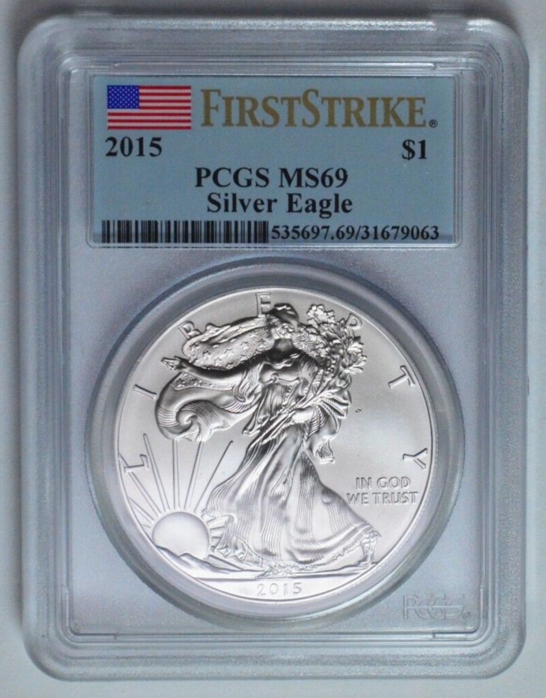 2015 $1 AMERICAN SILVER EAGLE PCGS MS69 FLAG FIRST STRIKE LABEL Fine ...