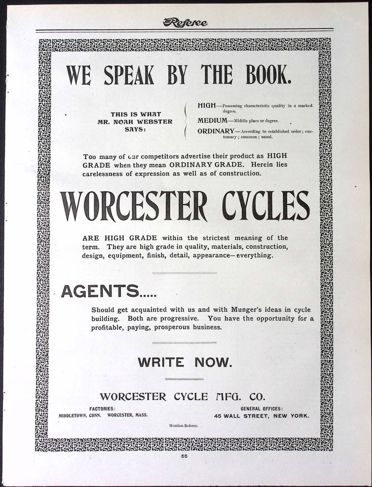 1896 Worcester Cycles High Grade Cycles Worcester Cycle Mfg Co Dealer ...