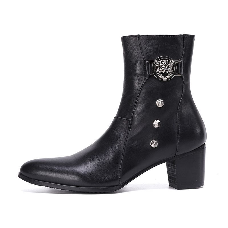 Men's Leather Chunky Heel Boot Block Heels Side Zipper Buckle Chelsea ...