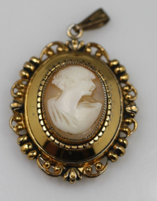Vintage carved shell cameo locket pendant gold tone oval photo memory ...