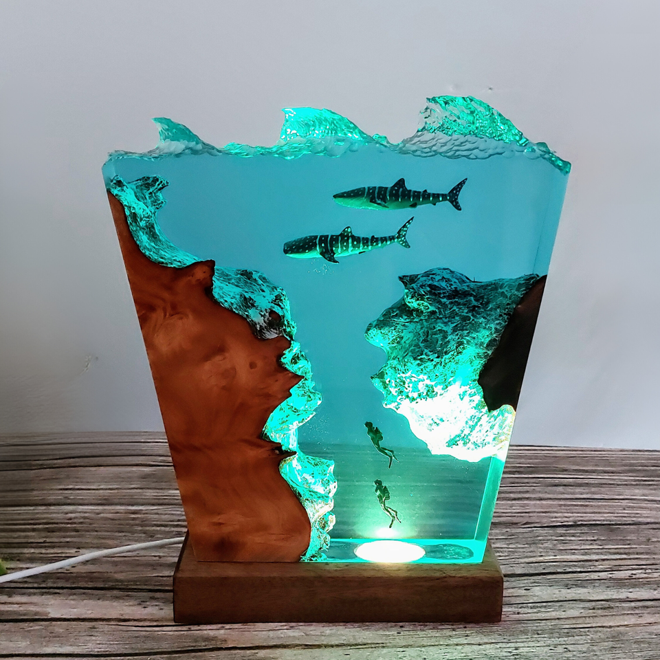 Ocean Resin Lamp, Whale Shark and Diver Resin Wood Lamp, Deep Blue Sea ...