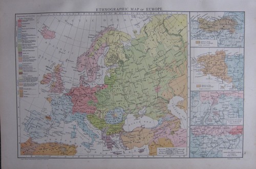 1893 LARGE ANTIQUE MAP ~ ETHNOGRAPHIC EUROPE CAUCASIAN SCANDINAVIANS ...