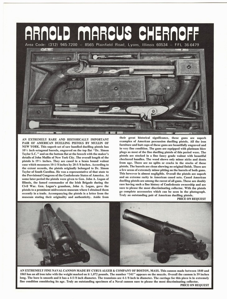 PRINT AD RARE Dueling Pistols MULLIN NY Navy Cannon CYRTU ALGER ...