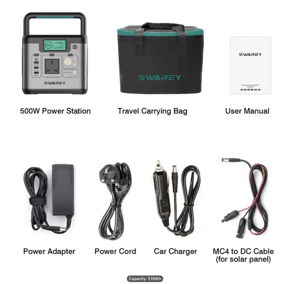 SWAREY Portable Power Station S500 518Wh 230V/1000W Solar Power ...