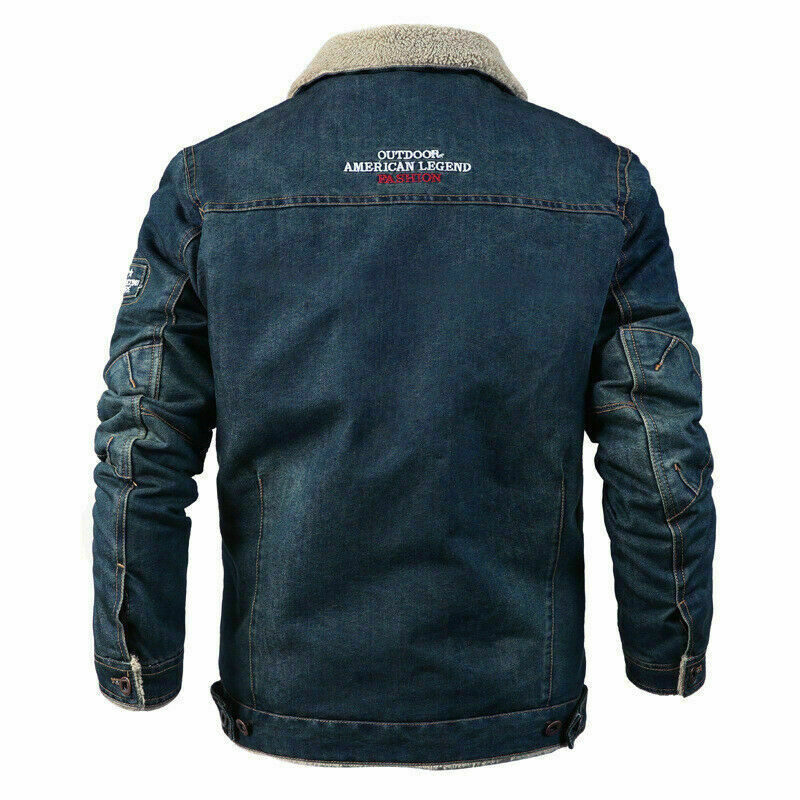 Men Fleece Lined Winter Warm Jean Coat Trucker Denim Jacket Fur lapel ...