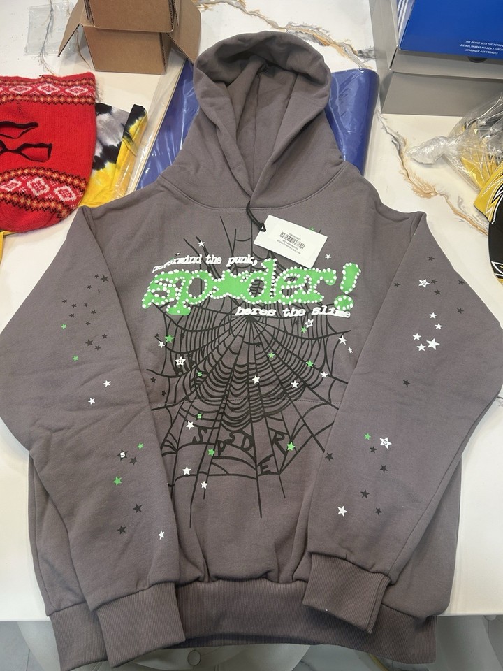 Sp5der Men's Hoodie Slate Grey, Size Small, 100% Cotton Puff Print | eBay