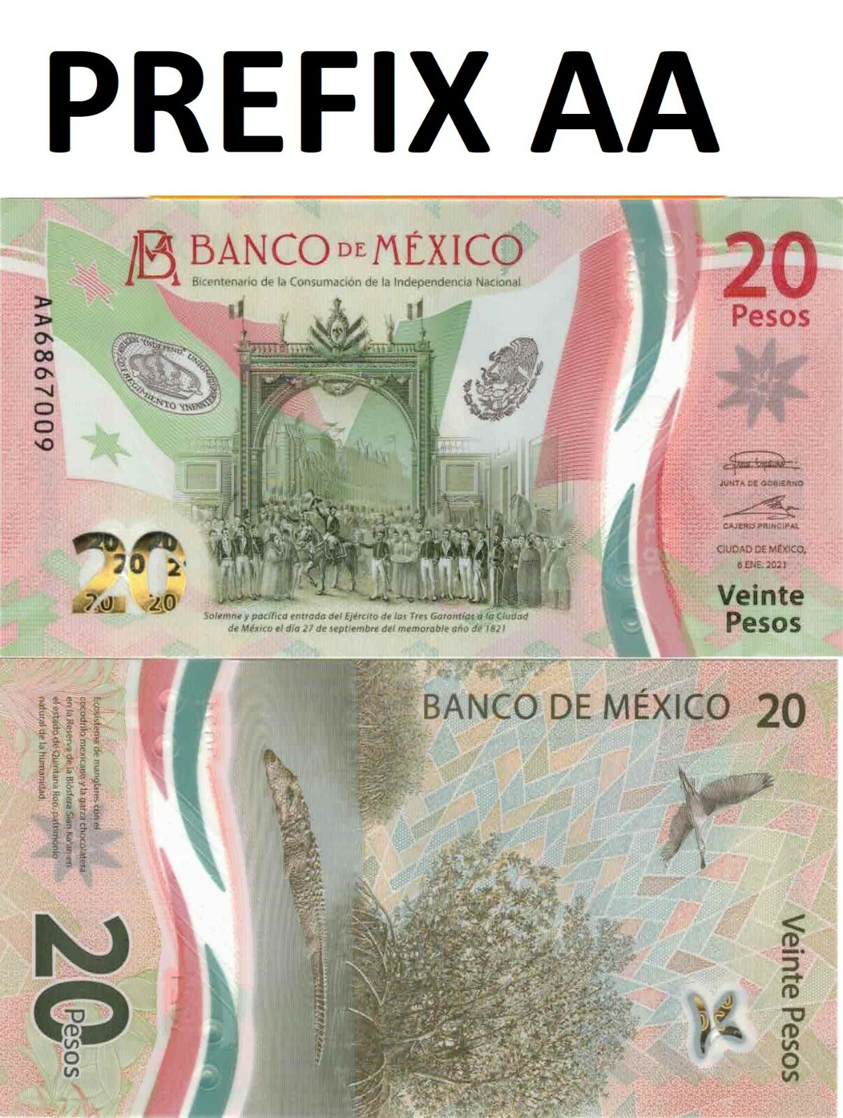 20 PESOS MEXICO UNCIRCULATED PREFIX AA BILLETE DE 20 PESOS AA FREE ...