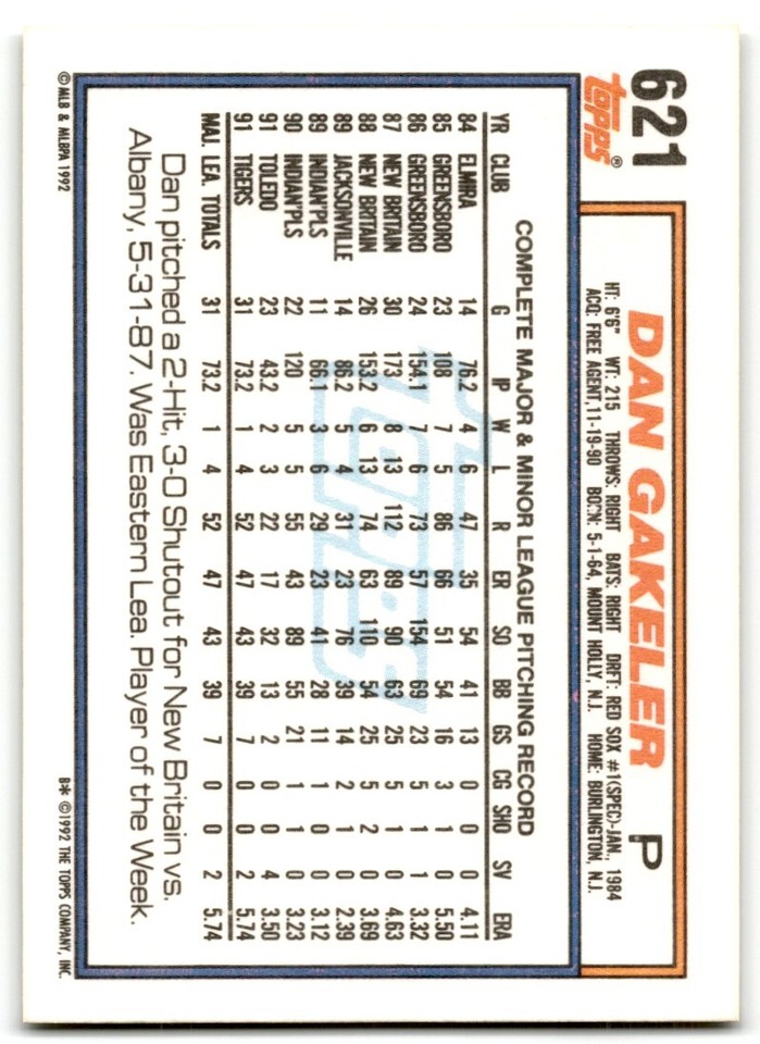 1992 Topps Dan Gakeler Detroit Tigers #621 | eBay