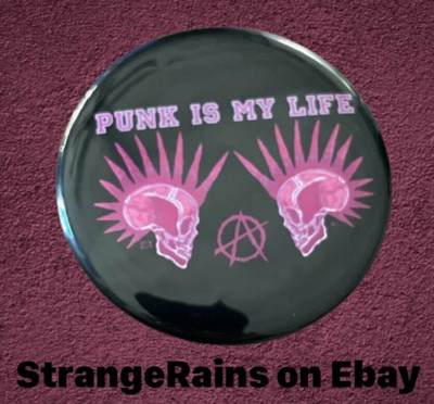 Pink Liberty Spikes Mohawk Anarchy Skulls Button Pin Pinback - PUNK IS ...